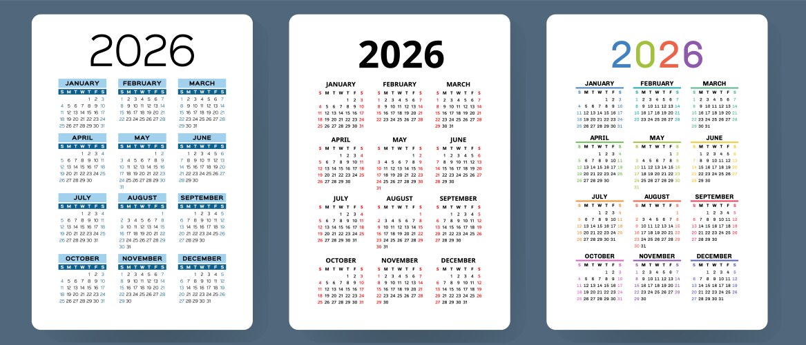 Calendar 2026 set pocket calender collection week Vector Image