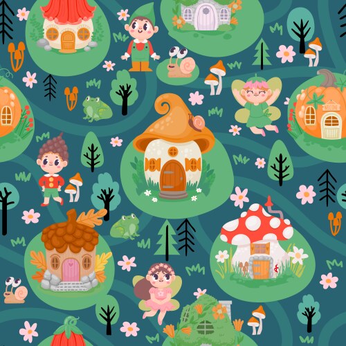 Magic forest village landscape with little houses Vector Image