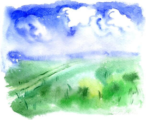 Watercolor background blue sky green field Vector Image