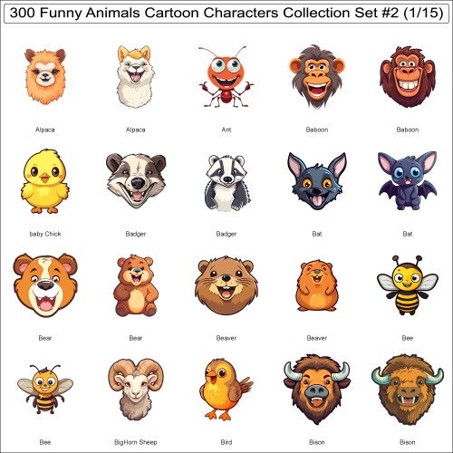 200 animals cartoon characters collection set 10 Vector Image