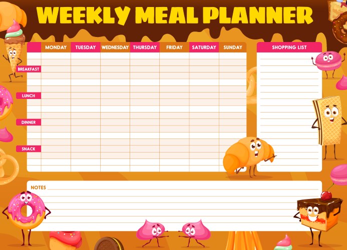 Weekly meal planner cartoon pastry characters Vector Image