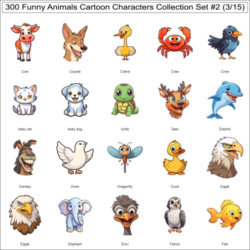 200 animals cartoon characters collection set 10 Vector Image