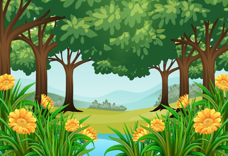 Forest scene with pond and mountains Royalty Free Vector