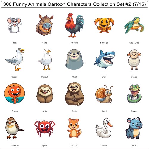 300 colorful animals cartoon characters Royalty Free Vector