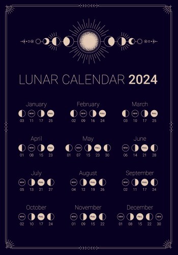 2024 year lunar calendar moon phases cycle Vector Image