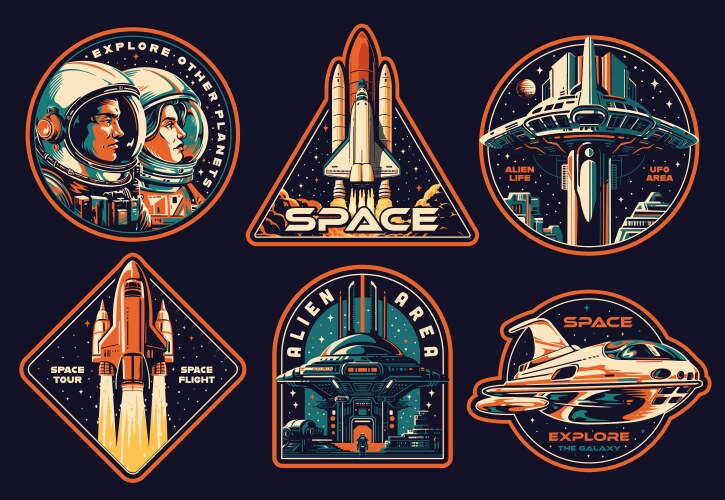 Space colorful vintage set emblems Royalty Free Vector Image