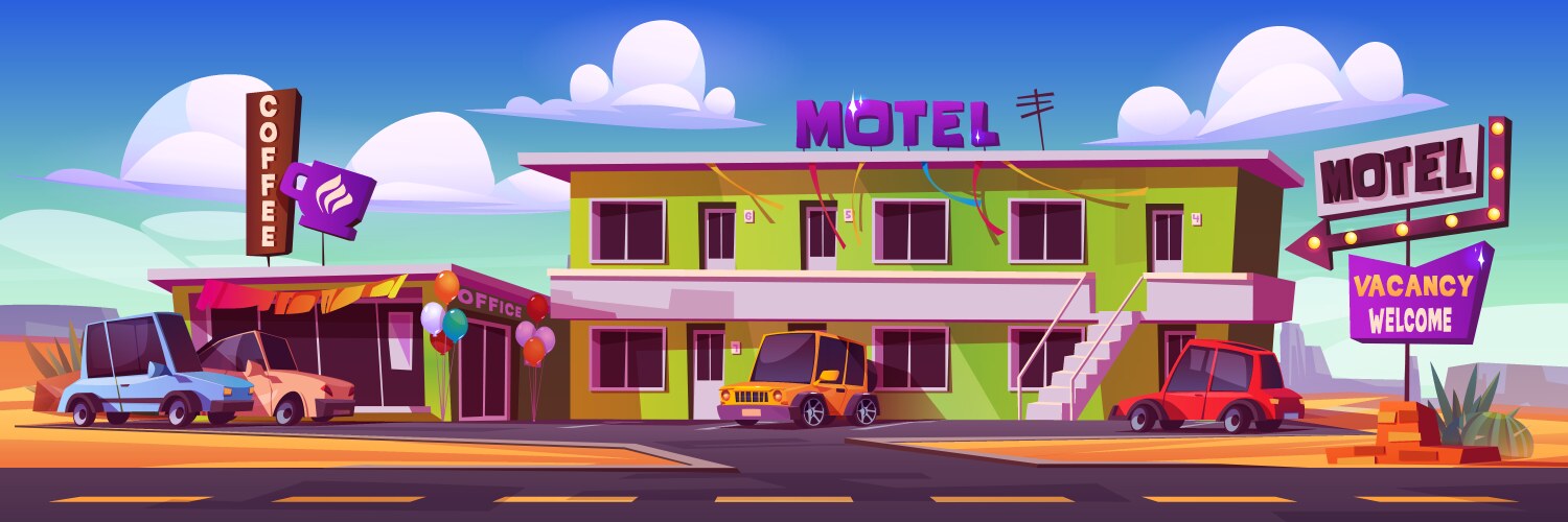 Cartoon roadside motel on a landscape background Vector Image