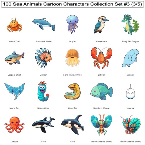 100 sea animals cartoon characters collection set Vector Image