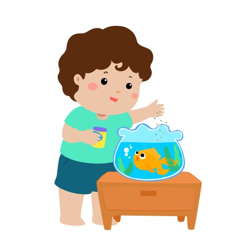 Cute little girl feeding fish in aquarium cartoon Vector Image