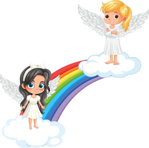Two angels standing on clouds and rainbow Vector Image