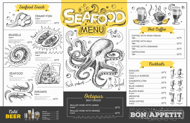 Fish menu template for your restaurant Royalty Free Vector