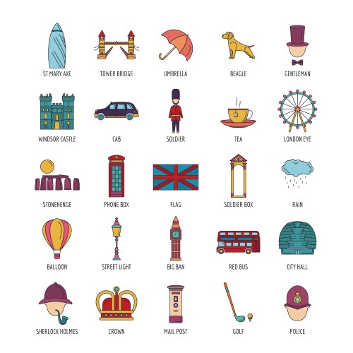 Set of london icons hand drawn england Royalty Free Vector