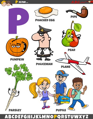 Letter p set with cartoon objects and characters Vector Image