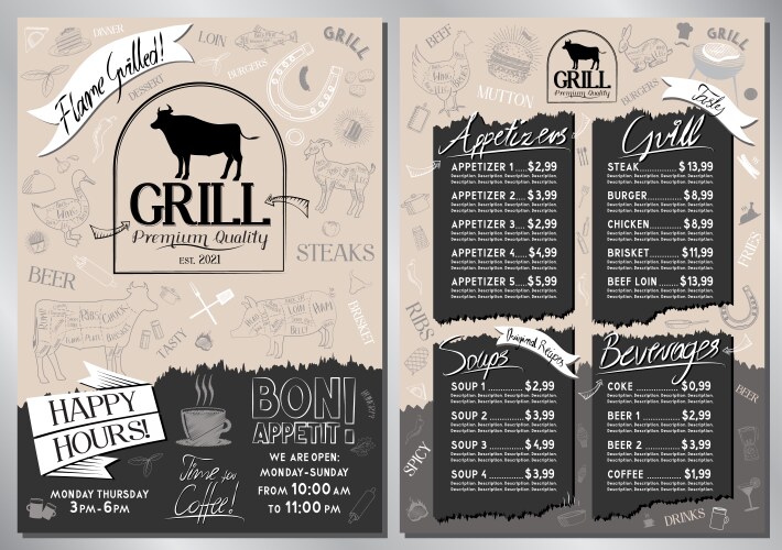 Grill restaurant menu card - a3 to a4 size Vector Image