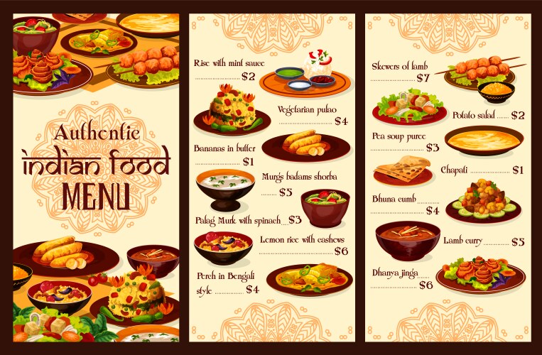 Indian food india cafe restaurant dishes menu Vector Image