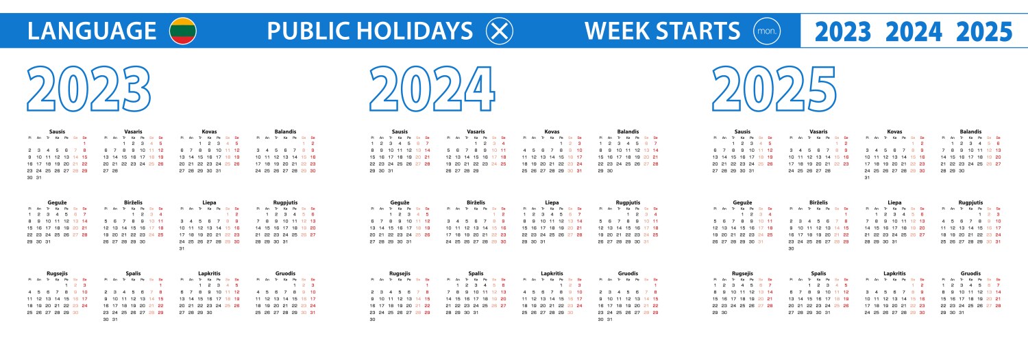 2025 calendar in lithuanian language week starts Vector Image