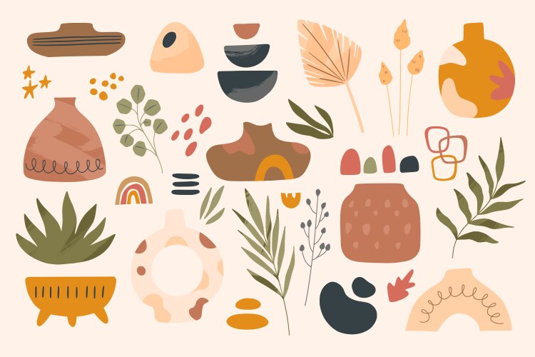 Engraving hand drawn boho elements collection Vector Image