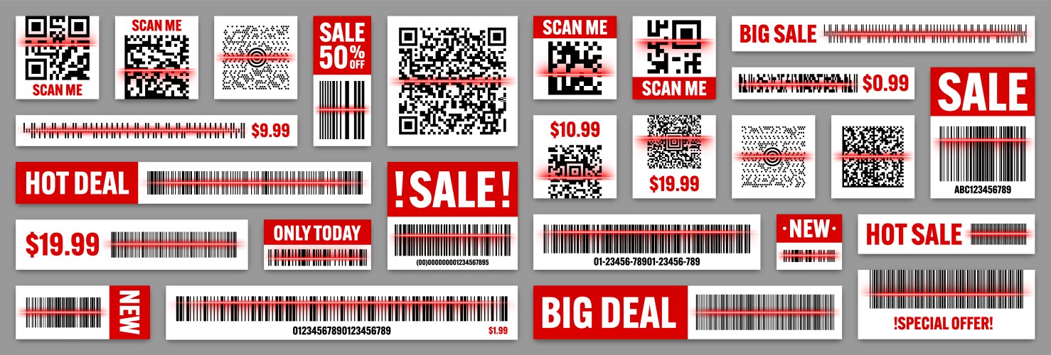 Product barcodes and qr codes with red scanning Vector Image
