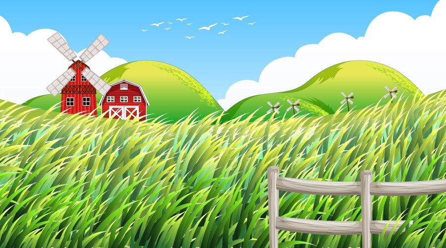 Farm scene with vegetable garden and barn Vector Image