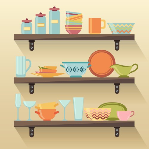 Kitchen shelves with cookware and cooking Vector Image