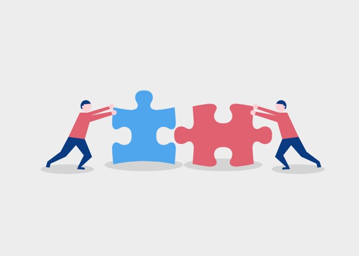 Combining two puzzle pieces working together Vector Image