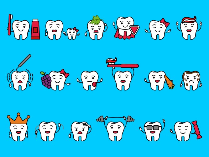 Cartoon teeth cute tooth characters with emotions Vector Image