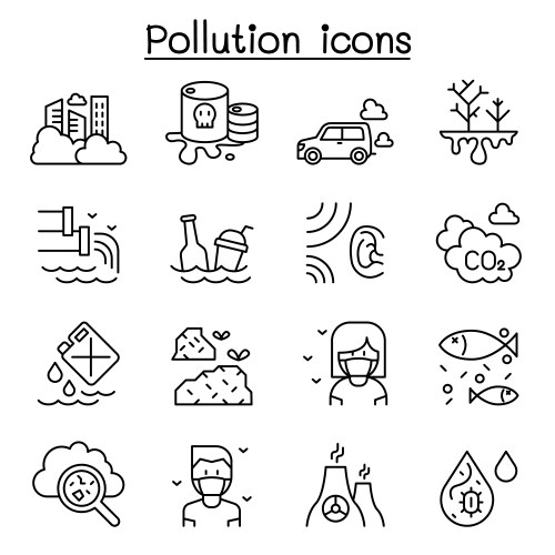 Water pollution ecology problem icon set in thin Vector Image