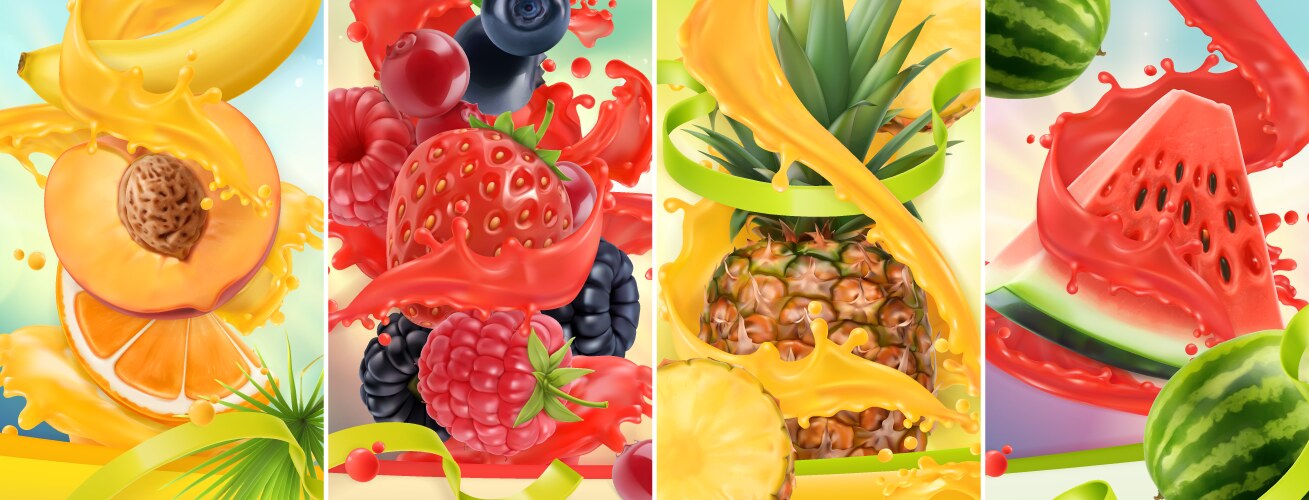 Juicy cut fruits with pulpy splashes and blots Vector Image