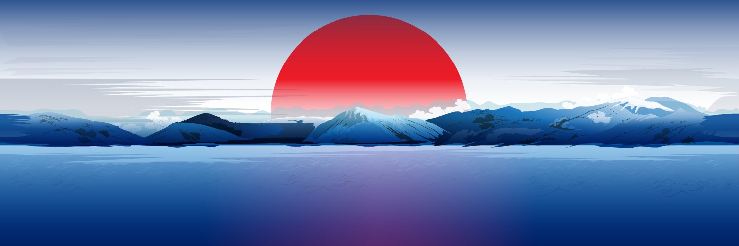 Blue waves and red sun in the japanese style Vector Image