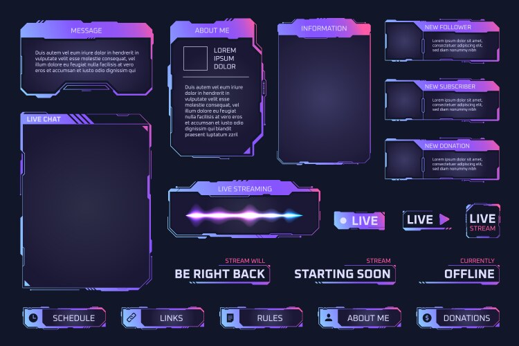 Game live stream panels overlay frames Royalty Free Vector