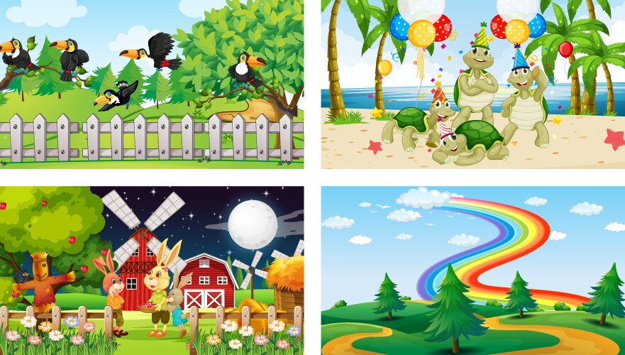 Four different scenes with various animals Vector Image