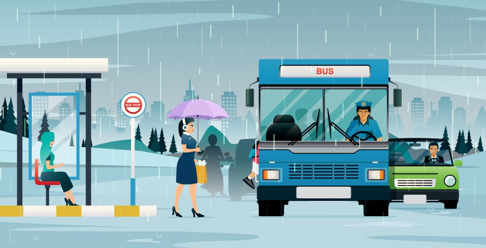 Rain at the bus stop Royalty Free Vector Image