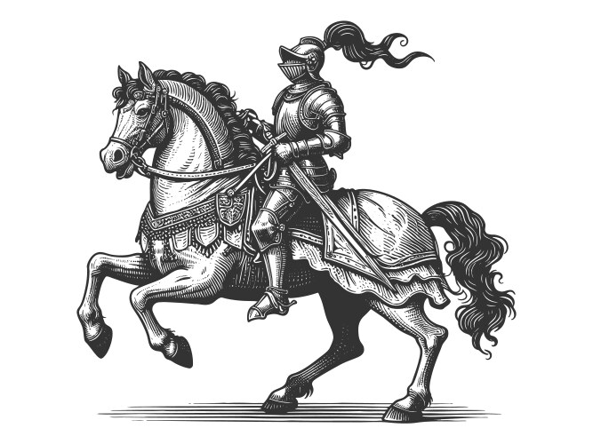 Medieval knight on horseback engraving Royalty Free Vector