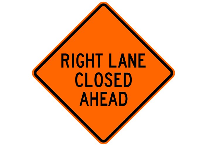 Warning traffic sign merging right lane Royalty Free Vector