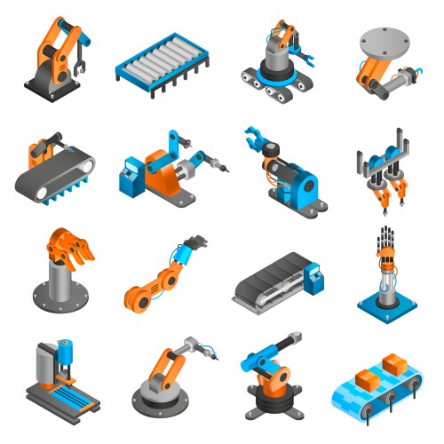 Industrial robots isometric machines assembly Vector Image