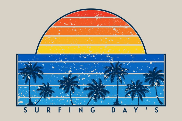 Happy surfing retro design landscape Royalty Free Vector
