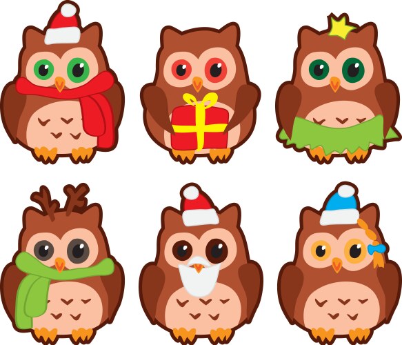 Icons of cute owls with christmas hats Royalty Free Vector