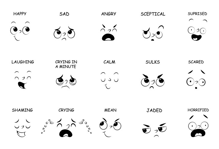 Face expressions with names for comic book Vector Image