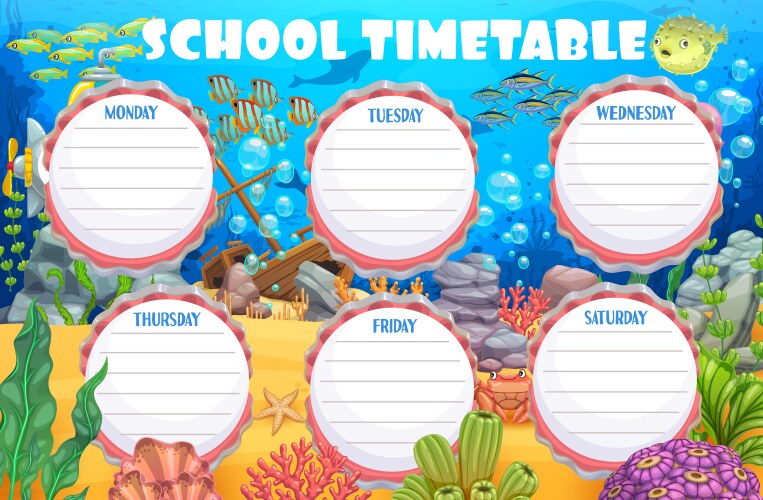 Underwater animals education timetable schedule Vector Image