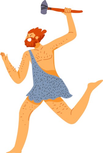 Cartoon caveman holding a stone hammer and waving Vector Image