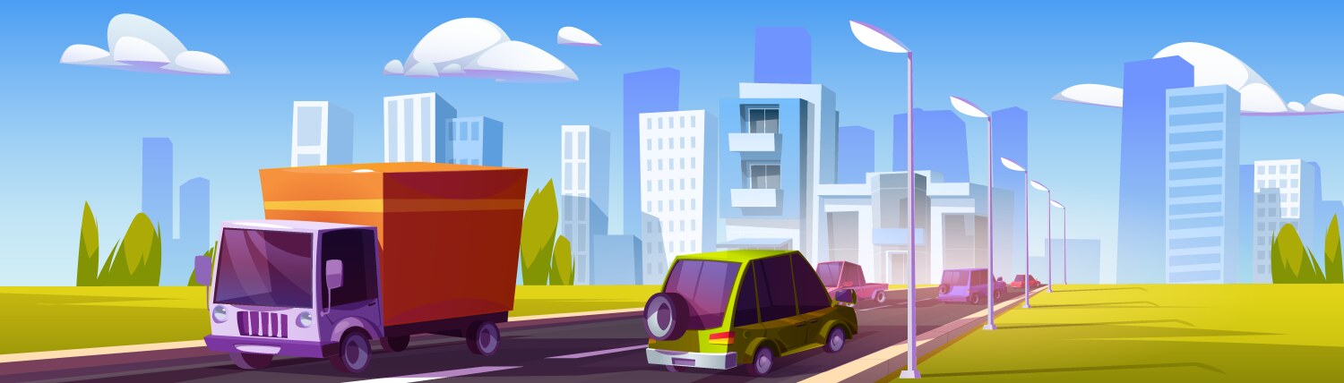 Cartoon highway traffic road to city with cars Vector Image