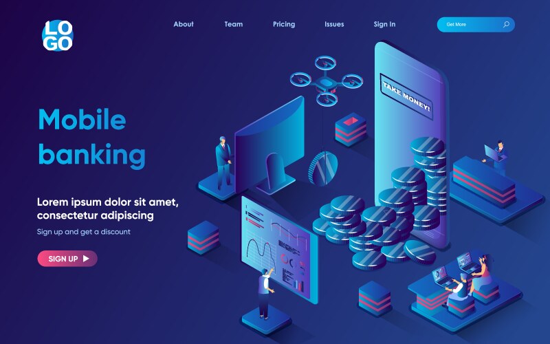 Money transfer isometric landing page Royalty Free Vector
