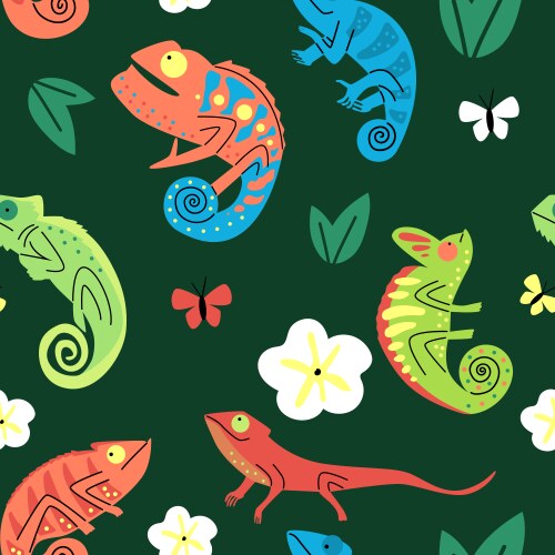 Colorful chameleons and butterflies set Royalty Free Vector