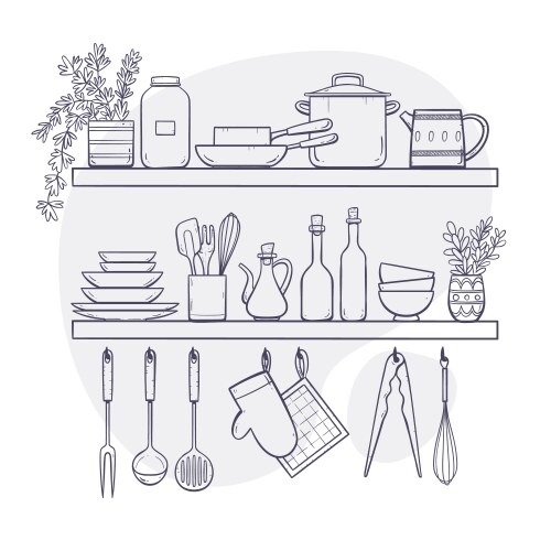 Kitchen supplies sketch set Royalty Free Vector Image