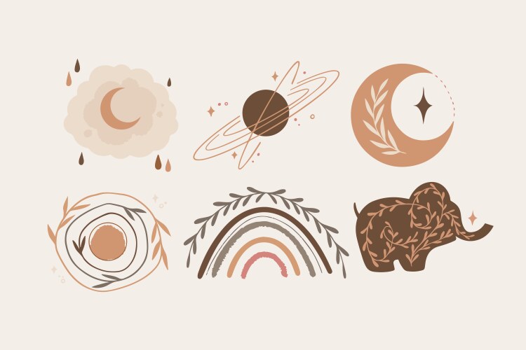 Engraving hand drawn boho element set Royalty Free Vector