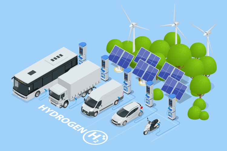 Isometric hydrogen fuel car charging station Vector Image