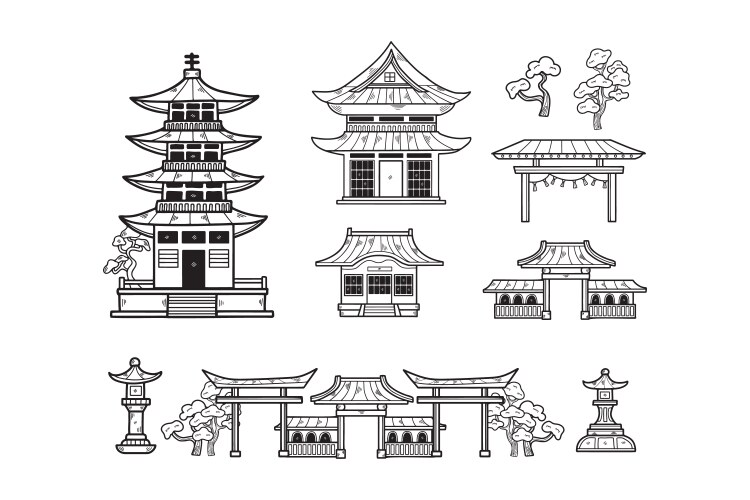 Hand drawn japanese and chinese style pavilions Vector Image Hand drawn japanese and chinese style pavilions Vector Image