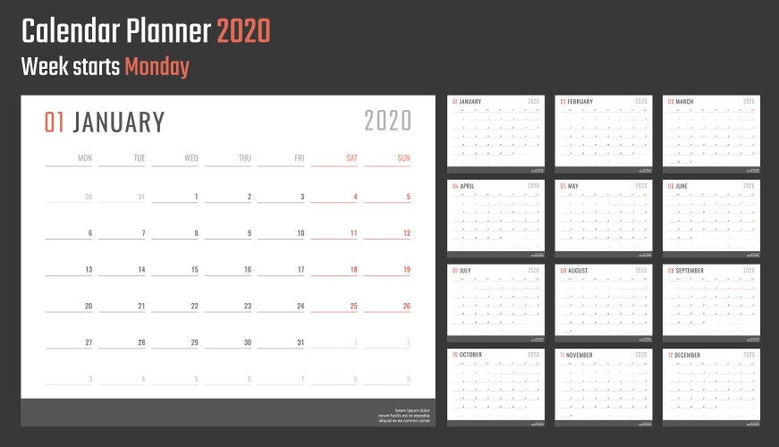 Calendar for 2020 starts monday Royalty Free Vector Image