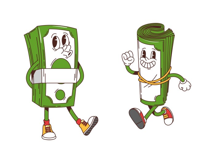 Retro groovy finance characters money bank card Vector Image