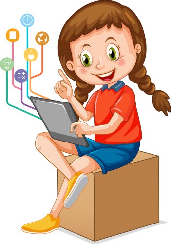 Kids using tablet with education icons Royalty Free Vector